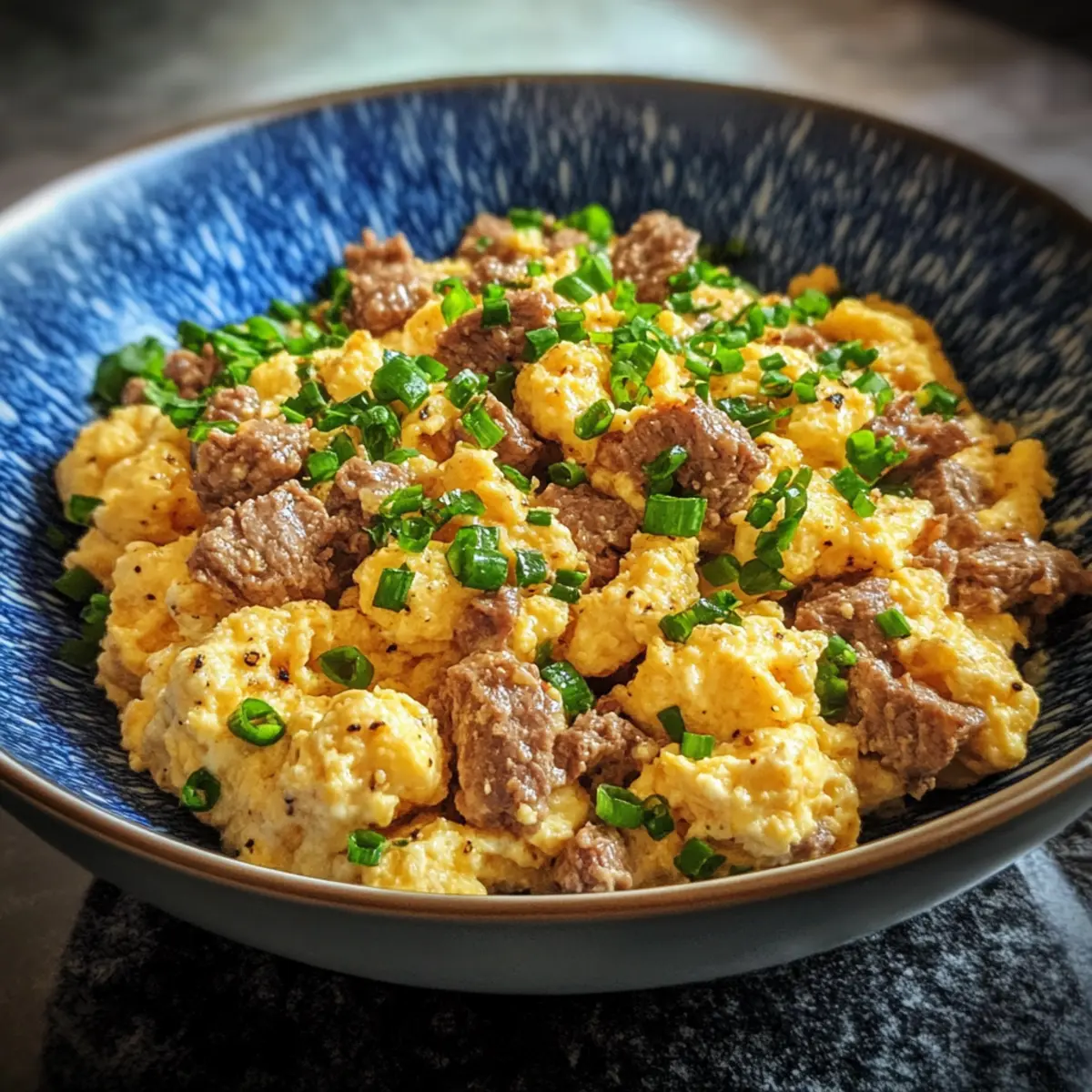 Easy Delicious Juicy Scrambled Eggs with Beef Bits recipe